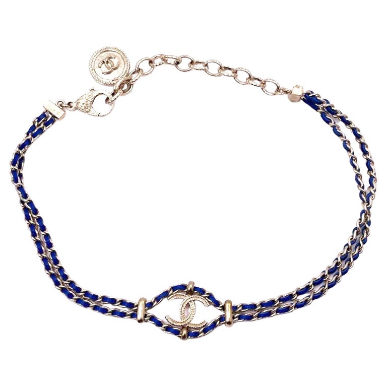 Chanel Gold CC Blue Leather Choker Necklace For Sale at 1stDibs