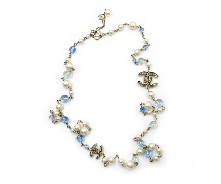 Chanel Gold CC Blue Ruffle Blue Bead Pearl Long Necklace For Sale at ...