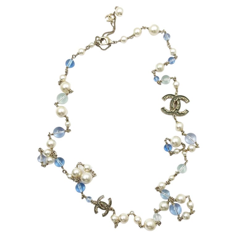 Chanel Gold CC Blue Ruffle Blue Bead Pearl Long Necklace For Sale at ...