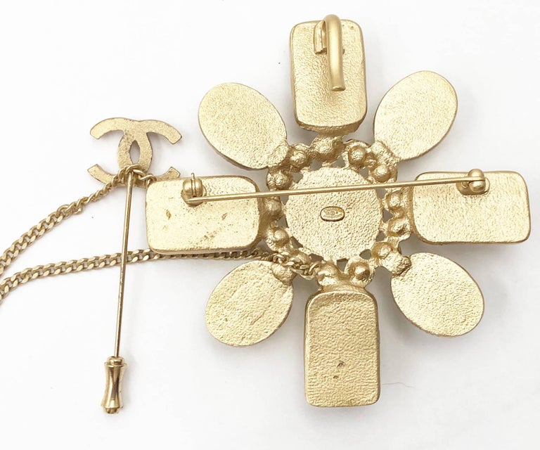 Chanel Gold CC Brown Yellow Bronze Stone Chain Pin Brooch For Sale at ...