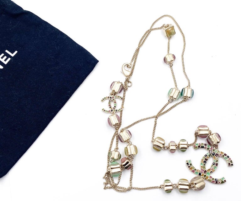Chanel Gold CC Colorful Mosaic Chain Necklace For Sale at 1stDibs