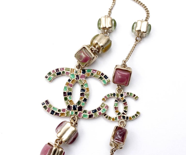 Chanel Gold CC Colorful Mosaic Chain Necklace For Sale at 1stDibs