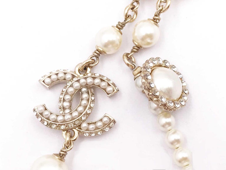 Chanel Gold CC Faux Pearl Drop Necklace For Sale at 1stDibs