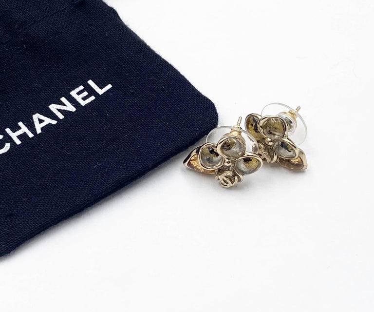 Chanel Gold CC Flower Dangle Piercing Earrings For Sale at 1stDibs