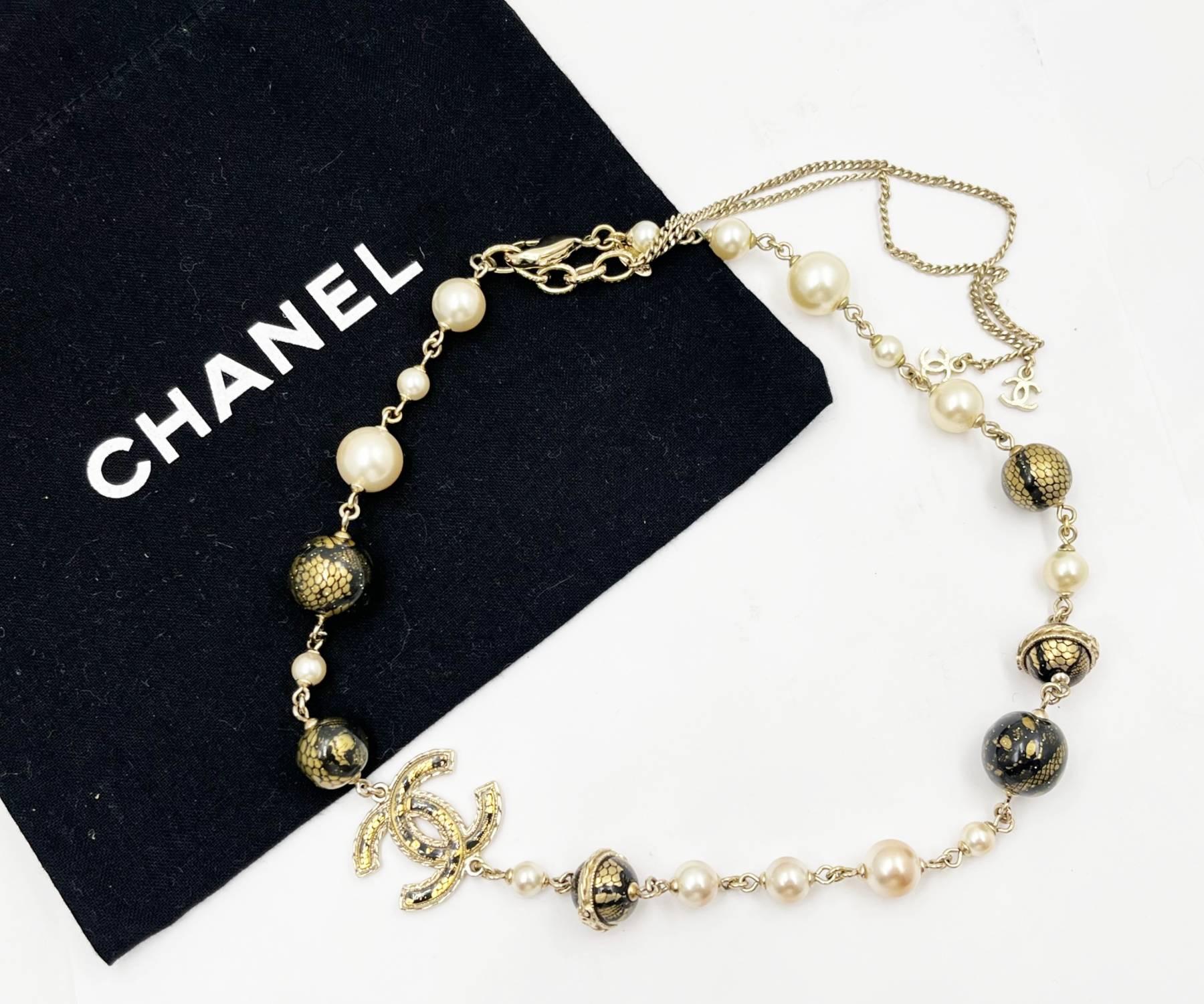 Chanel Gold CC Glazed Black Lace Pearl Short Necklace For Sale at ...