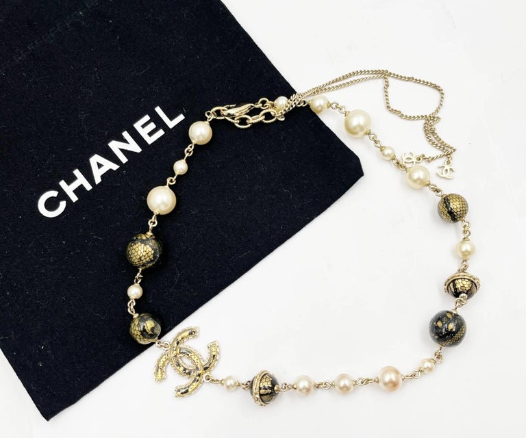Chanel Gold CC Glazed Black Lace Pearl Short Necklace For Sale at 1stDibs