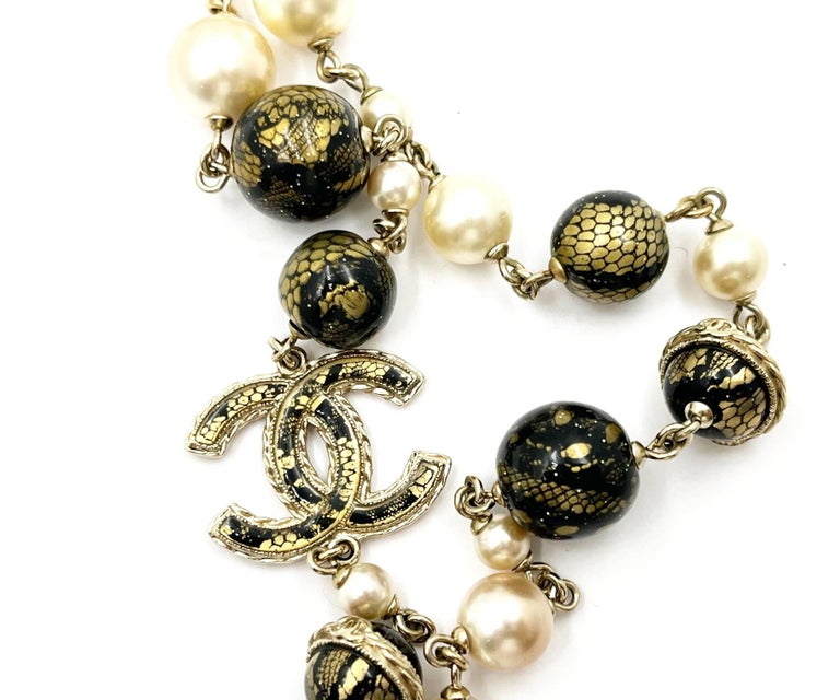 Chanel Gold CC Glazed Black Lace Pearl Short Necklace For Sale at 1stDibs