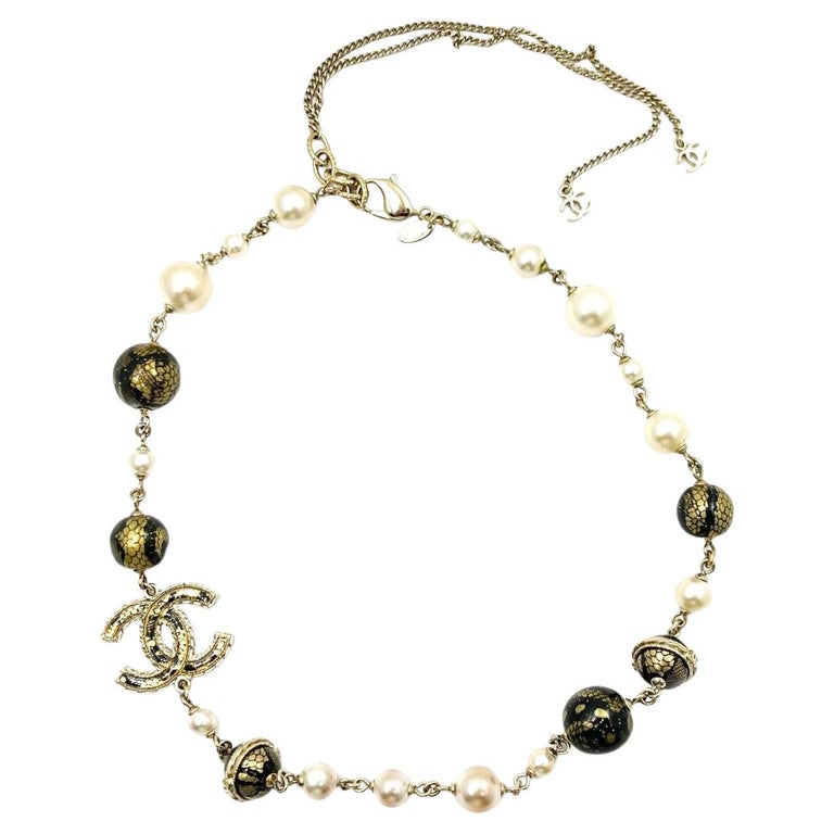 Chanel Gold CC Glazed Black Lace Pearl Short Necklace For Sale at 1stDibs