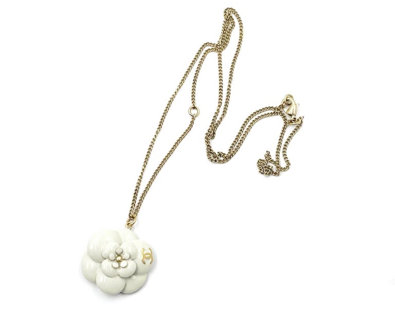 Chanel Gold CC Ivory Enamel Camellia Pendant Necklace For Sale at 1stDibs