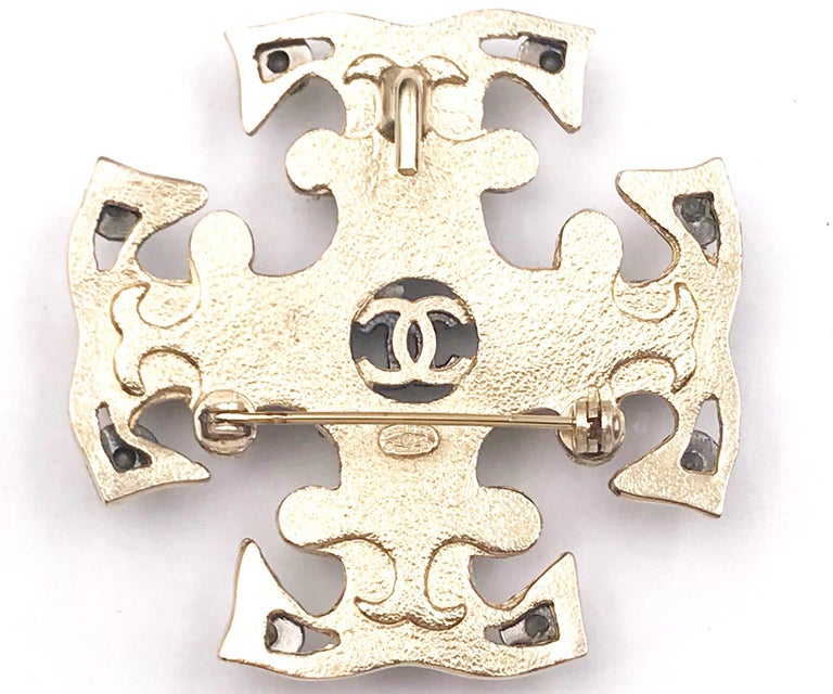 Chanel Gold CC Peach Orange Mustard Silver Crystal Gothic Cross Brooch ...