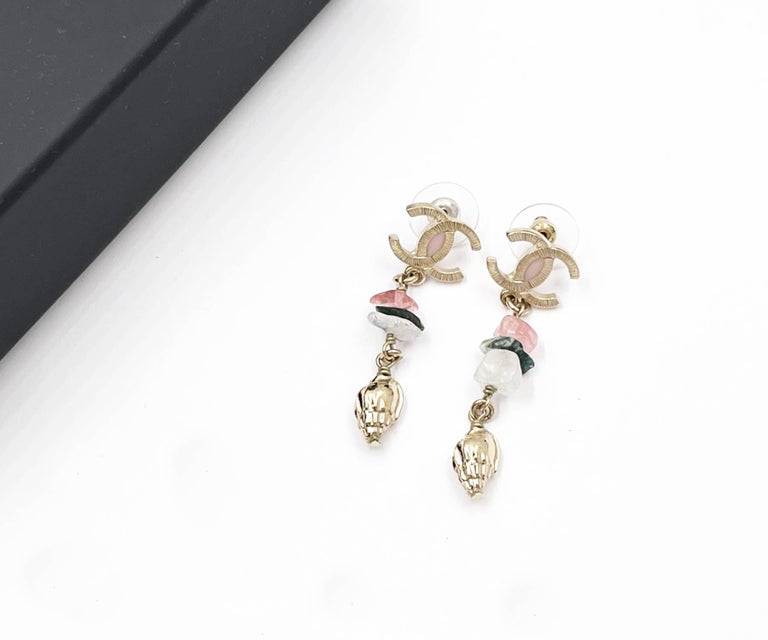 Chanel Gold CC Pink White Stone Shell Dangle Piercing Earrings For Sale ...