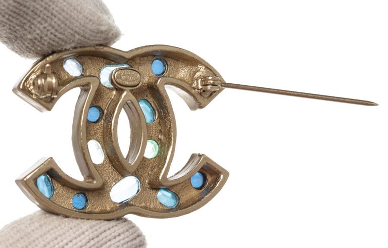 Chanel Gold CC Rhinestone Brooch For Sale at 1stDibs