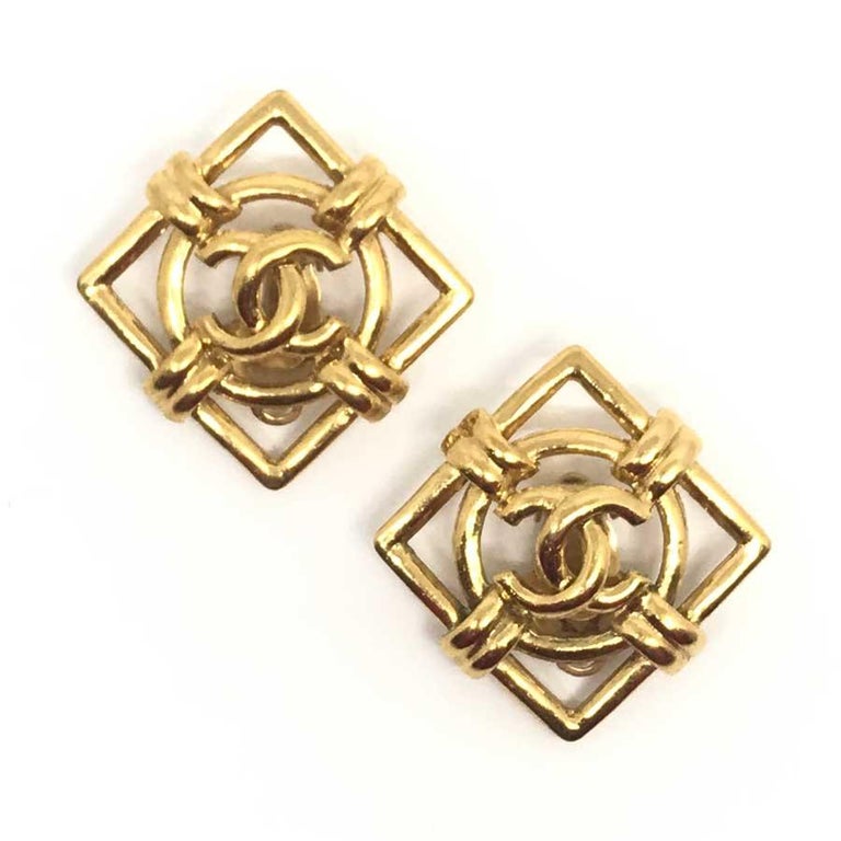 CHANEL Gold CC Round Square Earrings at 1stDibs