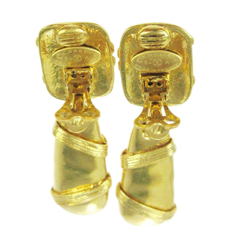 Chanel Gold Charm Ribbon Textured Dangle Drop Evening Earrings in Box ...