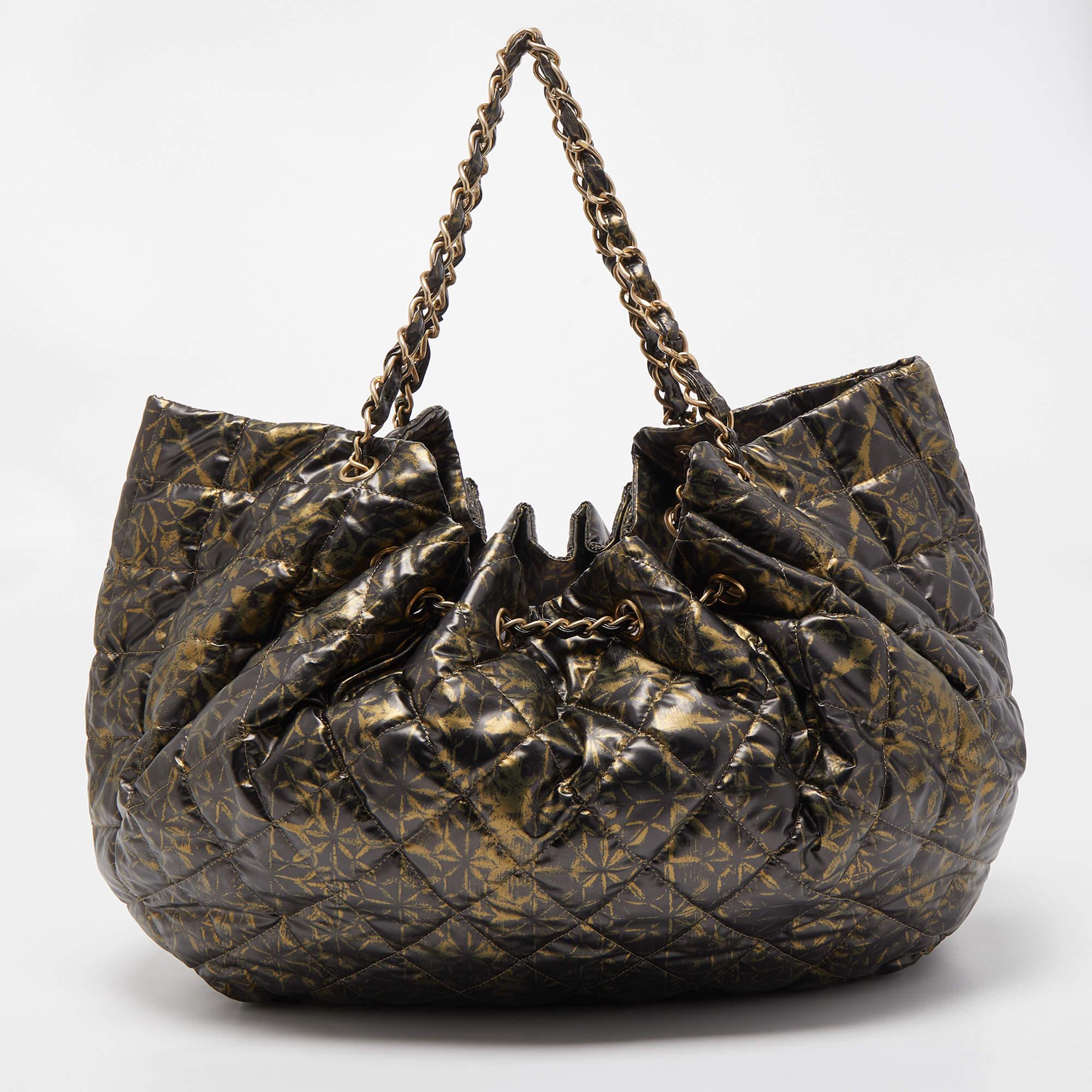 Chanel Gold/Dark Grey Quilted Coated Canvas Rock in Moscow Hobo For ...
