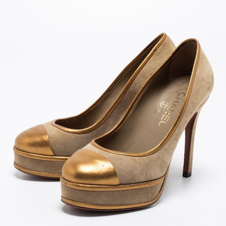 Chanel Gold/Grey Suede And Leather Cap Toe Pumps Size 37.5 For Sale at ...