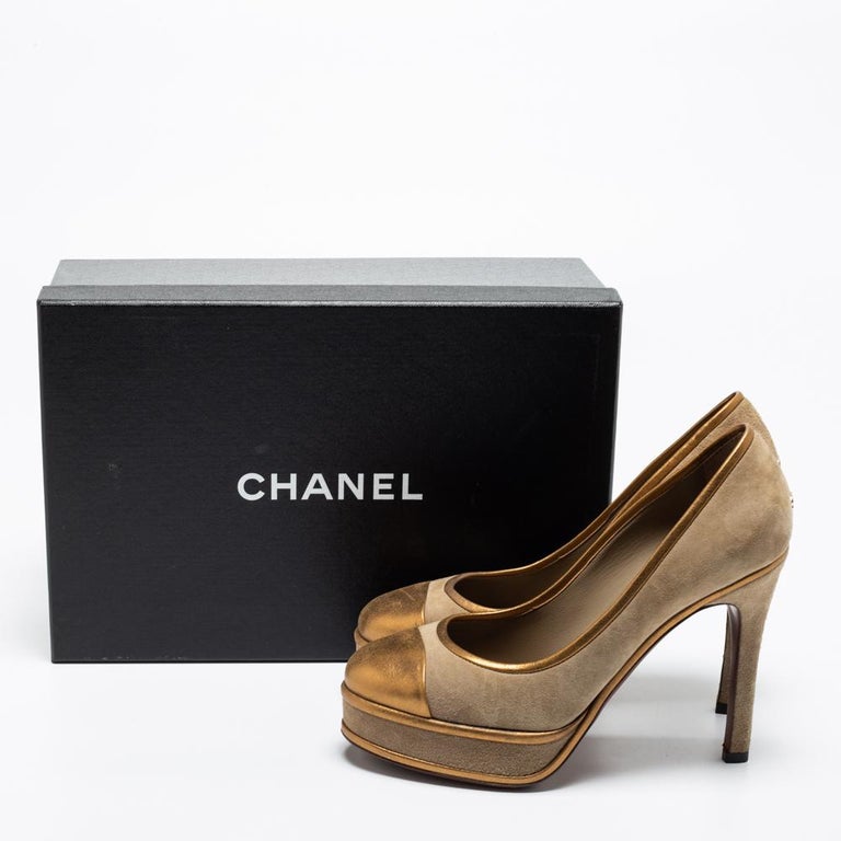 Chanel Gold/Grey Suede And Leather Cap Toe Pumps Size 37.5 For Sale at ...