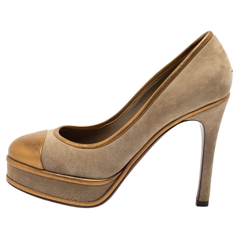 Chanel Gold/Grey Suede And Leather Cap Toe Pumps Size 37.5 For Sale at ...