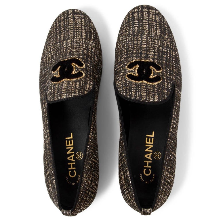 CHANEL gold and grey TWEED 2017 CC MOCCASIN Loafers Shoes 38.5 at 1stDibs