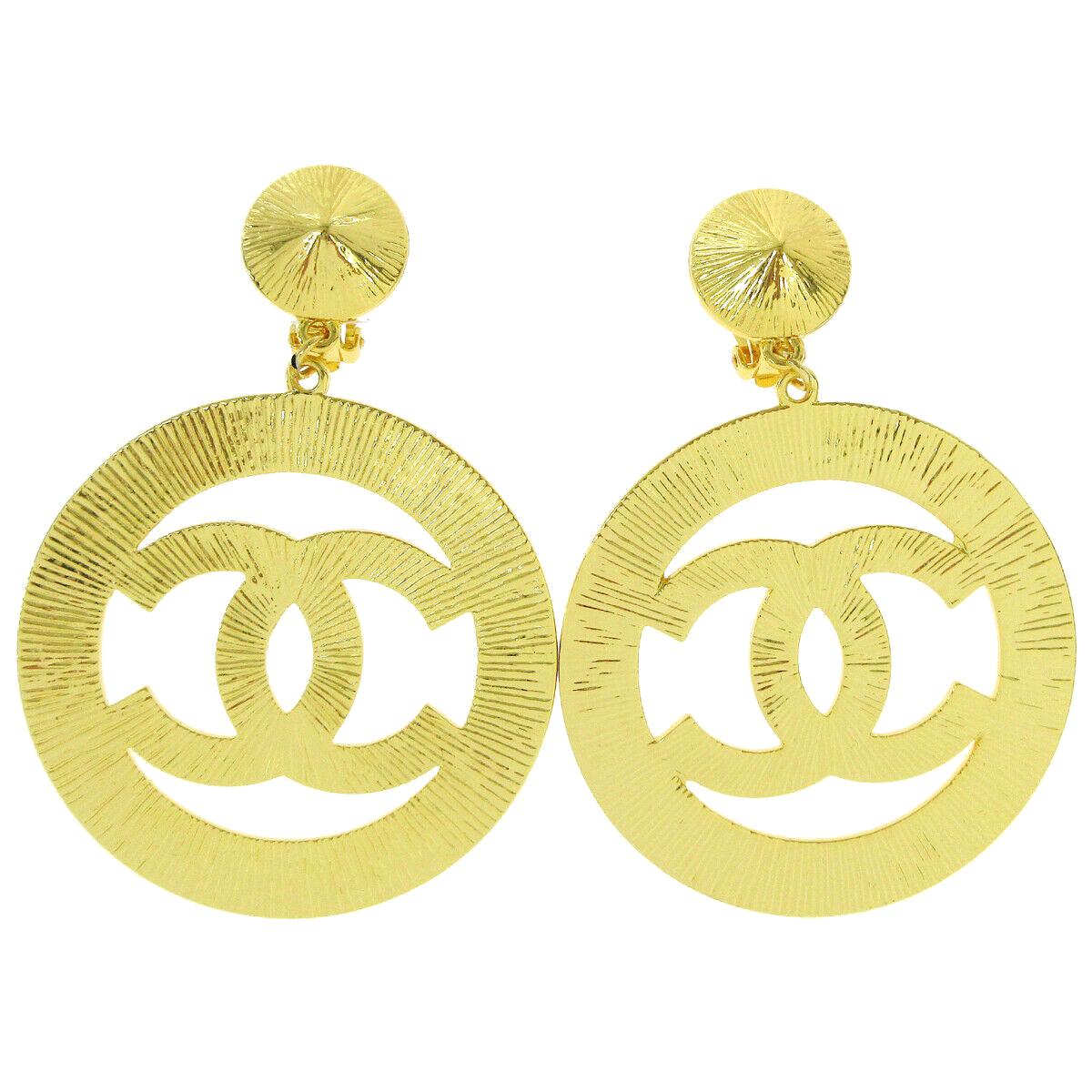 Chanel Gold Large Round Circle Hoop Logo Evening Dangle Drop Earrings ...