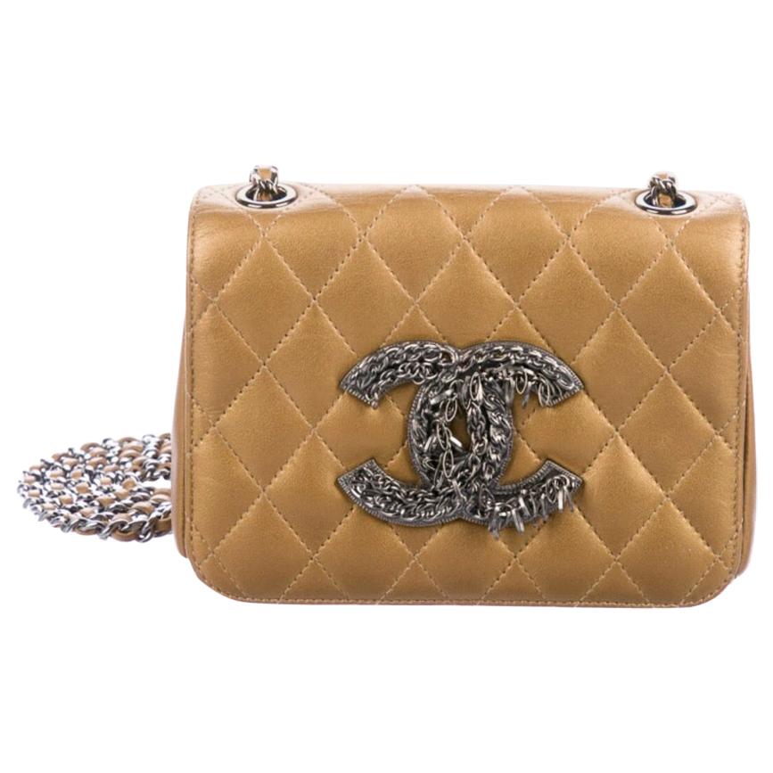 Chanel Gold Leather Gunmetal Silver Chain CC Small Evening Shoulder ...