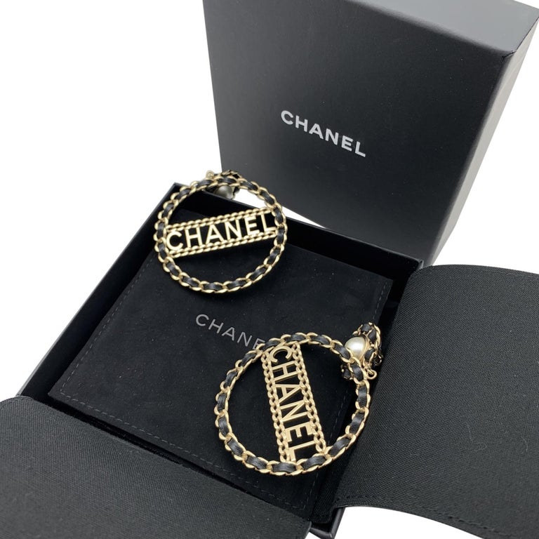 Chanel Gold Metal and Black Leather Chain Logo Hoop Clip On Earrings ...