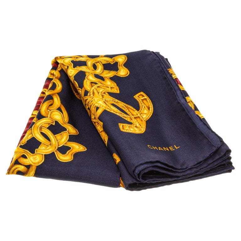 Chanel Gold Navy Silk Chain Scarf For Sale at 1stDibs