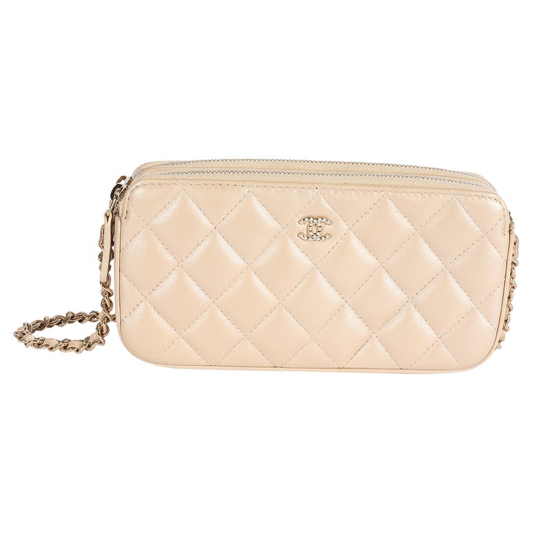 Chanel Gold Quilted Lambskin Double Zip Pearl Chain Wallet For Sale at ...