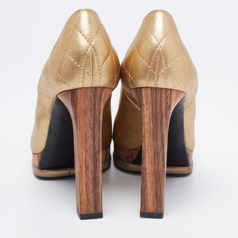 Chanel Gold Quilted Leather Cap Toe Platform Block Heel Pumps Size 36.5 ...
