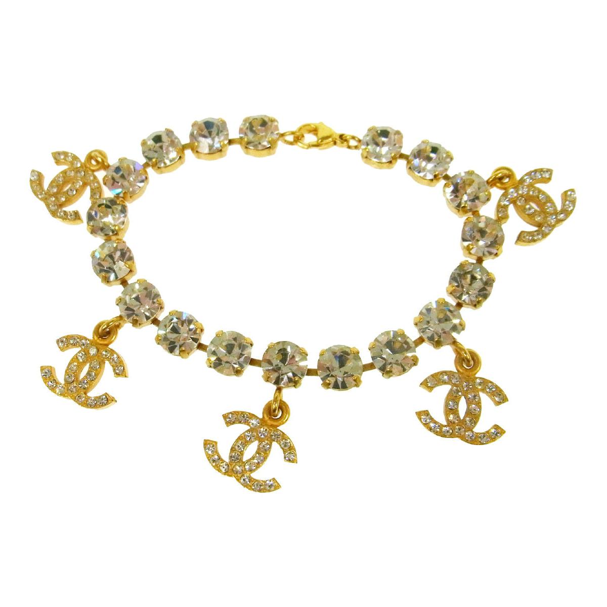 Chanel Gold Rhinestone Logo Charms Evening Chain Link Bracelet For Sale ...