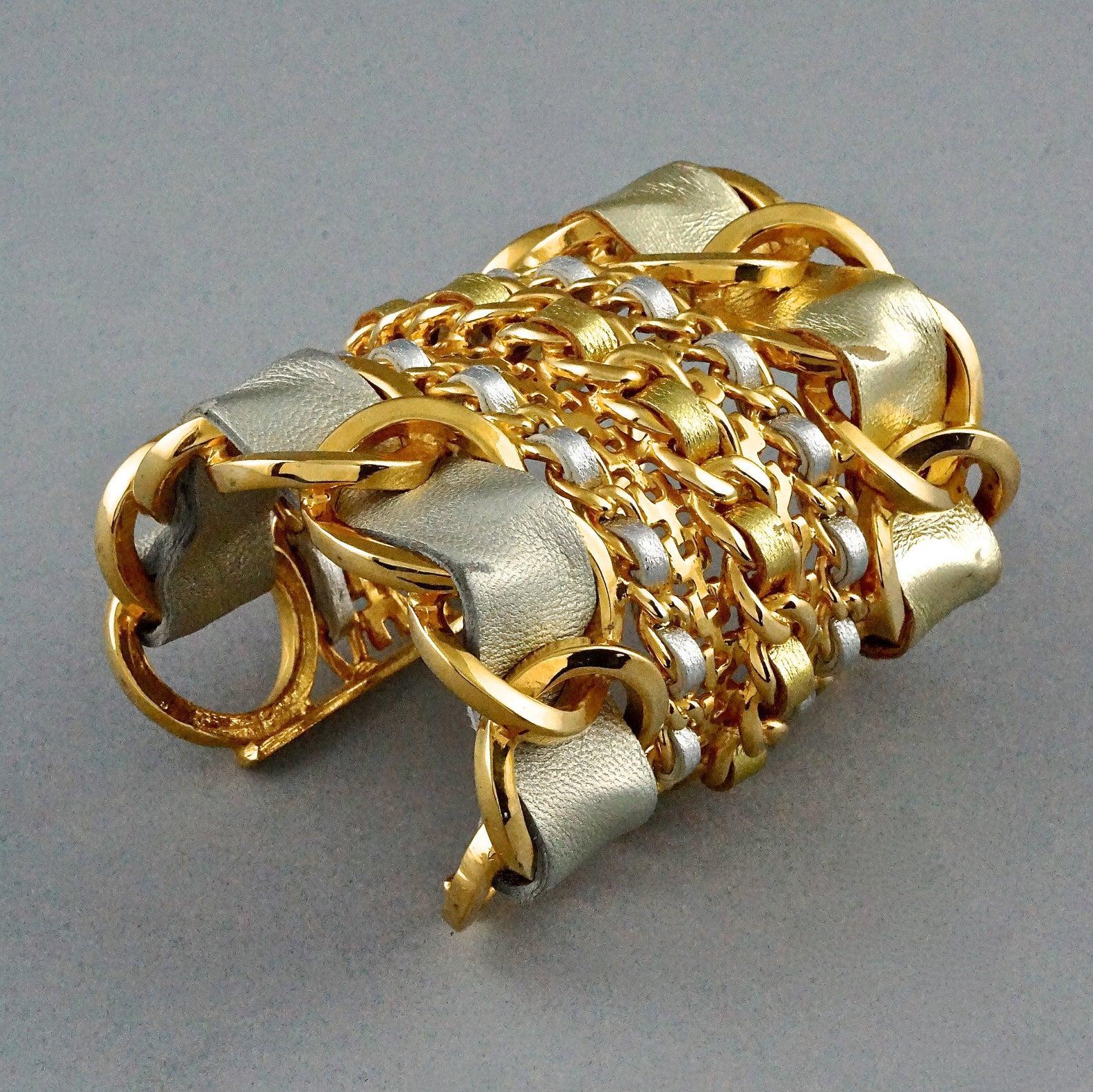 CHANEL Gold Silver Leather Chain Cuff Bracelet For Sale at 1stDibs ...