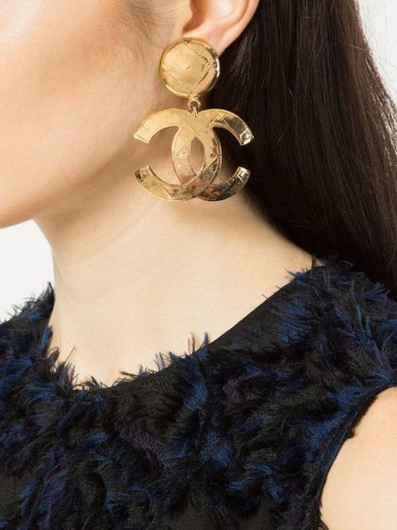 Chanel Gold Textured Ball CC Logo Charm Dangle Drop Evening Earrings at ...