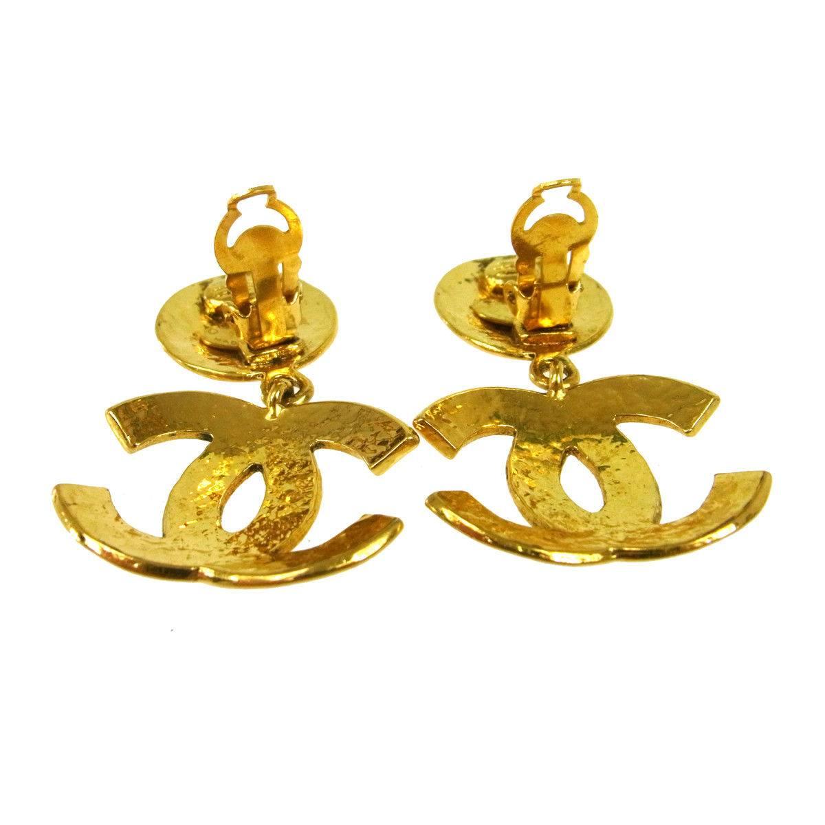 Chanel Gold Textured Ball CC Logo Charm Dangle Drop Evening Earrings at ...