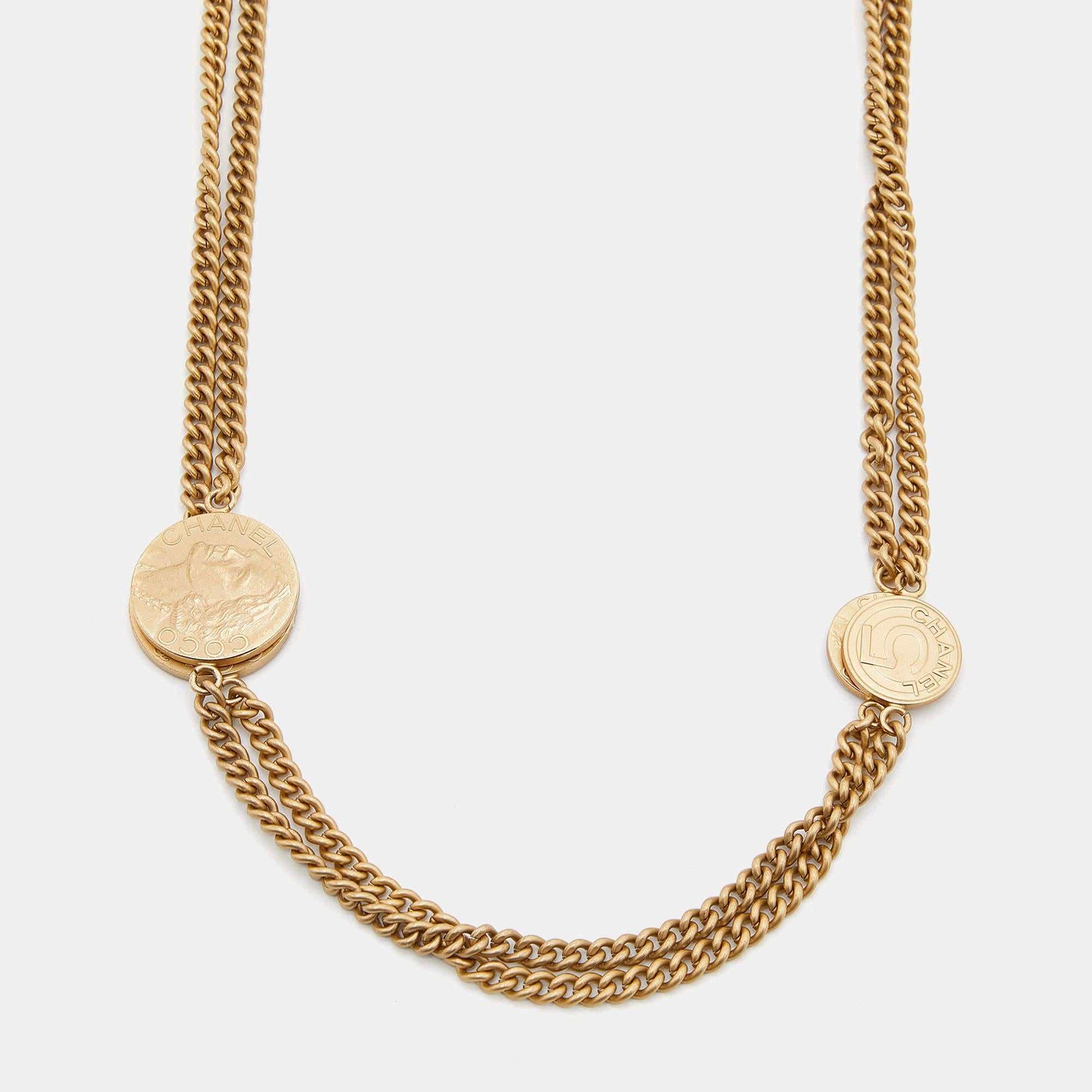 Chanel Gold Tone CC Coin Chain Long Necklace For Sale at 1stDibs