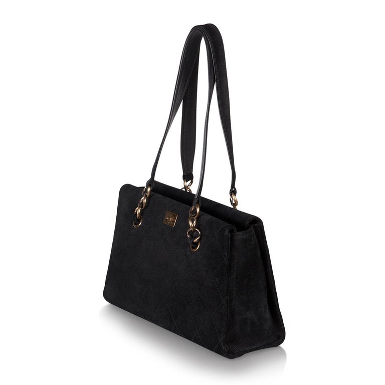 Chanel Gold-Tone Hardware Black Suede Leather Nubuck Shoulder Bag ...