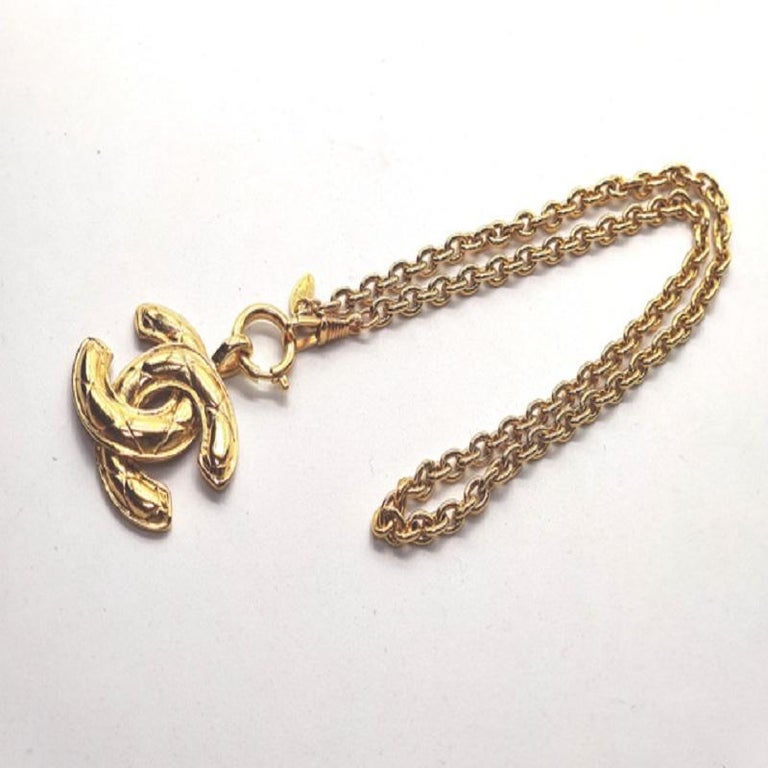 Chanel Gold-tone Metal CC Matelasse Quilt Logo Pendant Chain Necklace ...