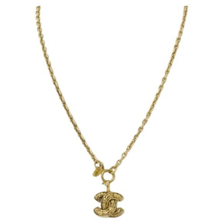 Chanel Gold-Tone Metal CC Quilted Logo Pendant Necklace For Sale at 1stDibs