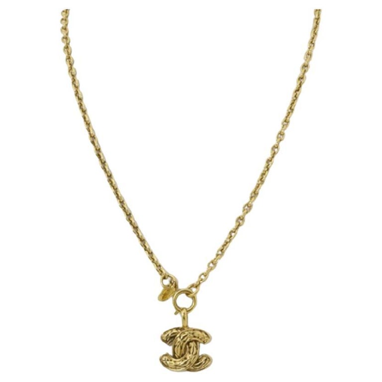 Chanel Gold-tone Metal CC Quilted Logo Pendant Necklace at 1stDibs