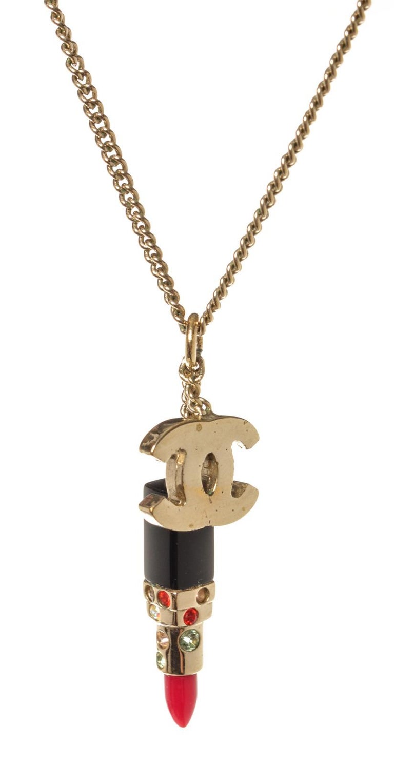 Chanel Gold-Tone Metal Jeweled Lipstick CC Logo Pendant Necklace For ...