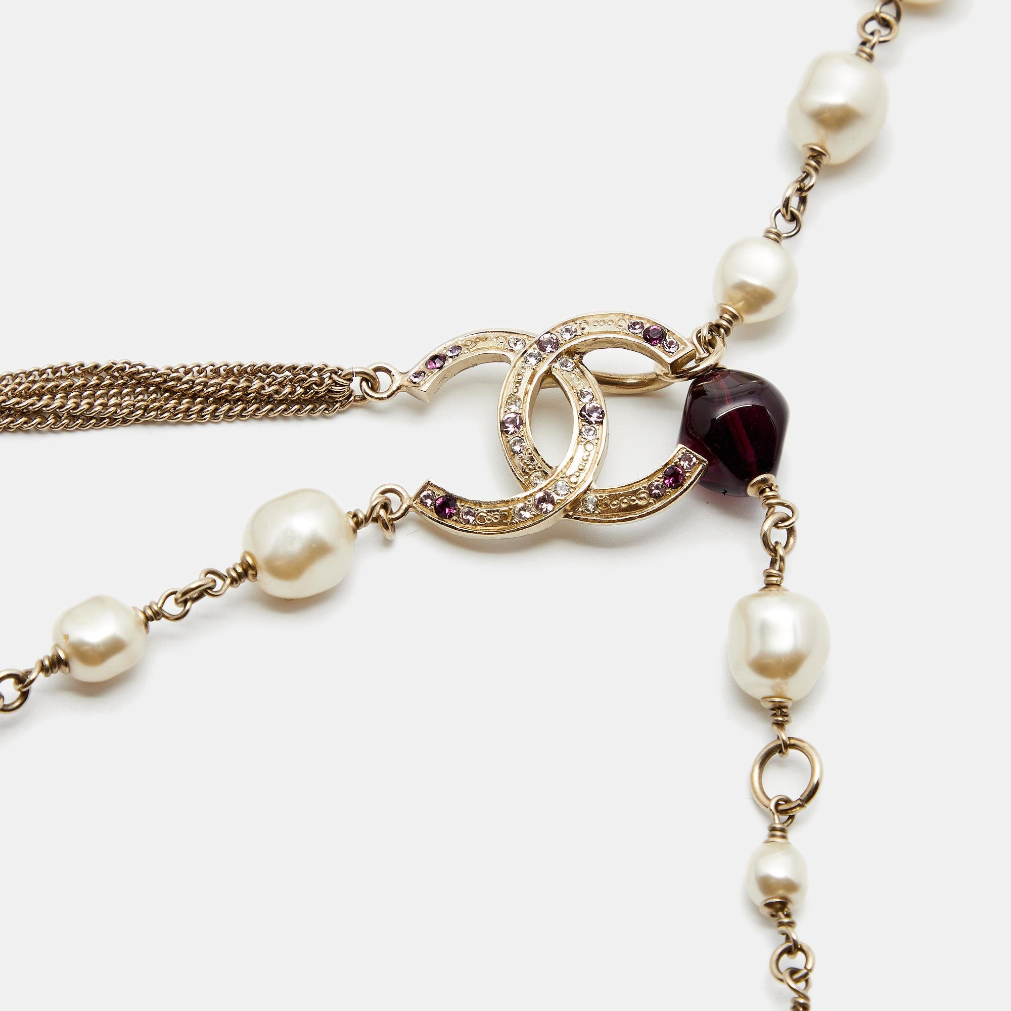 Chanel Gold Tone Purple Stone and Faux Pearl CC Chain Belt at 1stDibs