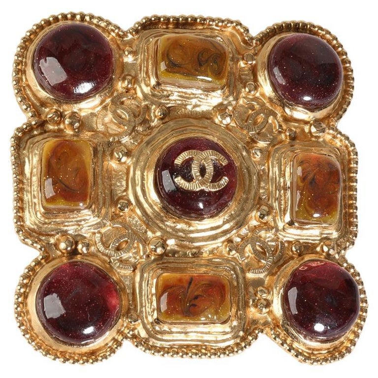 Chanel Gold-tone and Red Gripoix Glass Byzantine Square Brooch at 1stDibs