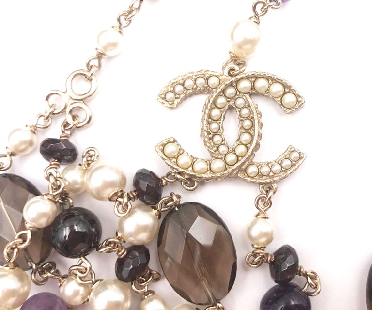 Chanel Gold Twisted Cc 2 Strand Purple Brown Stone Faux Pearl Long ...