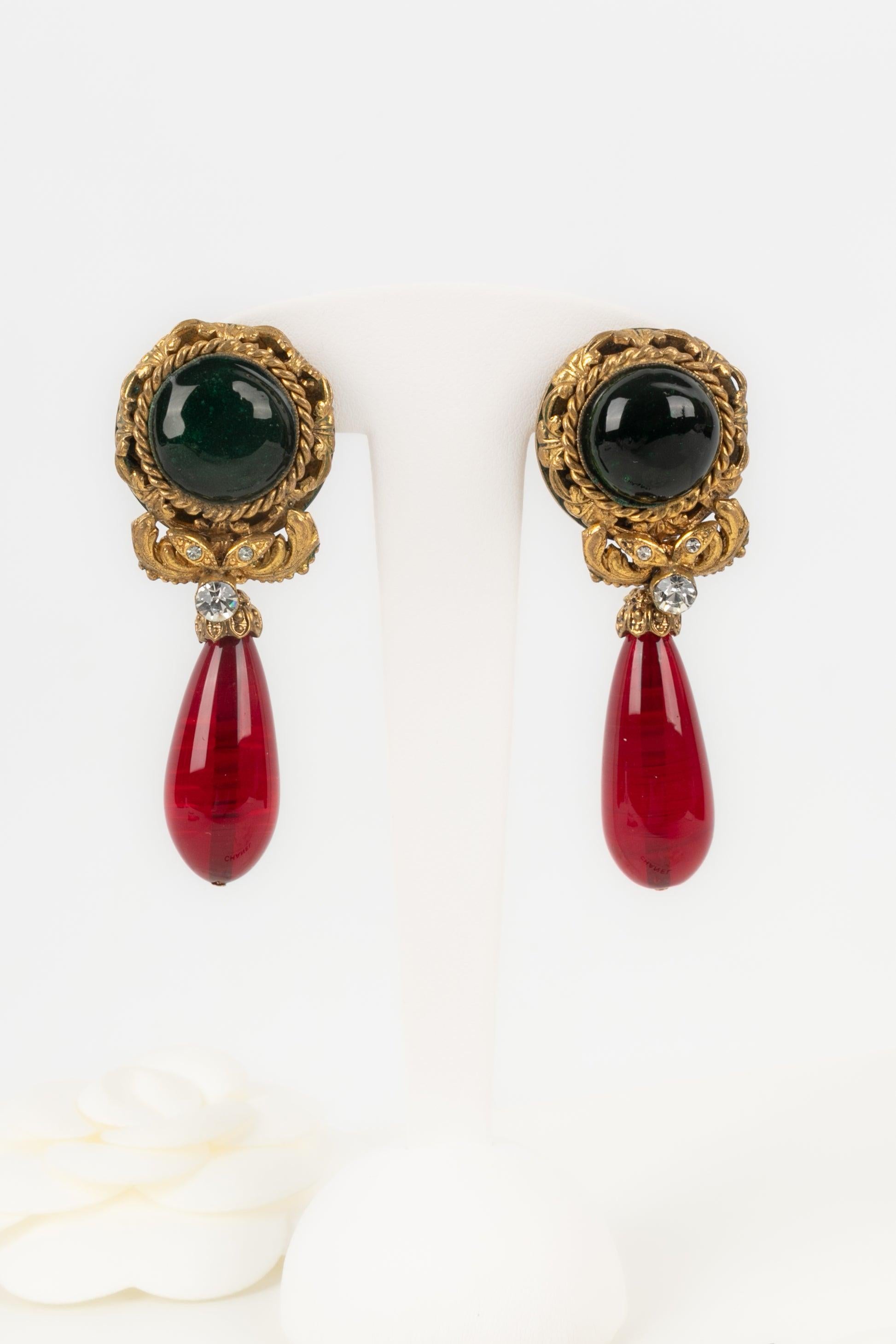 Chanel Golden Metal Earrings with Glass Paste, 1984 For Sale at 1stDibs