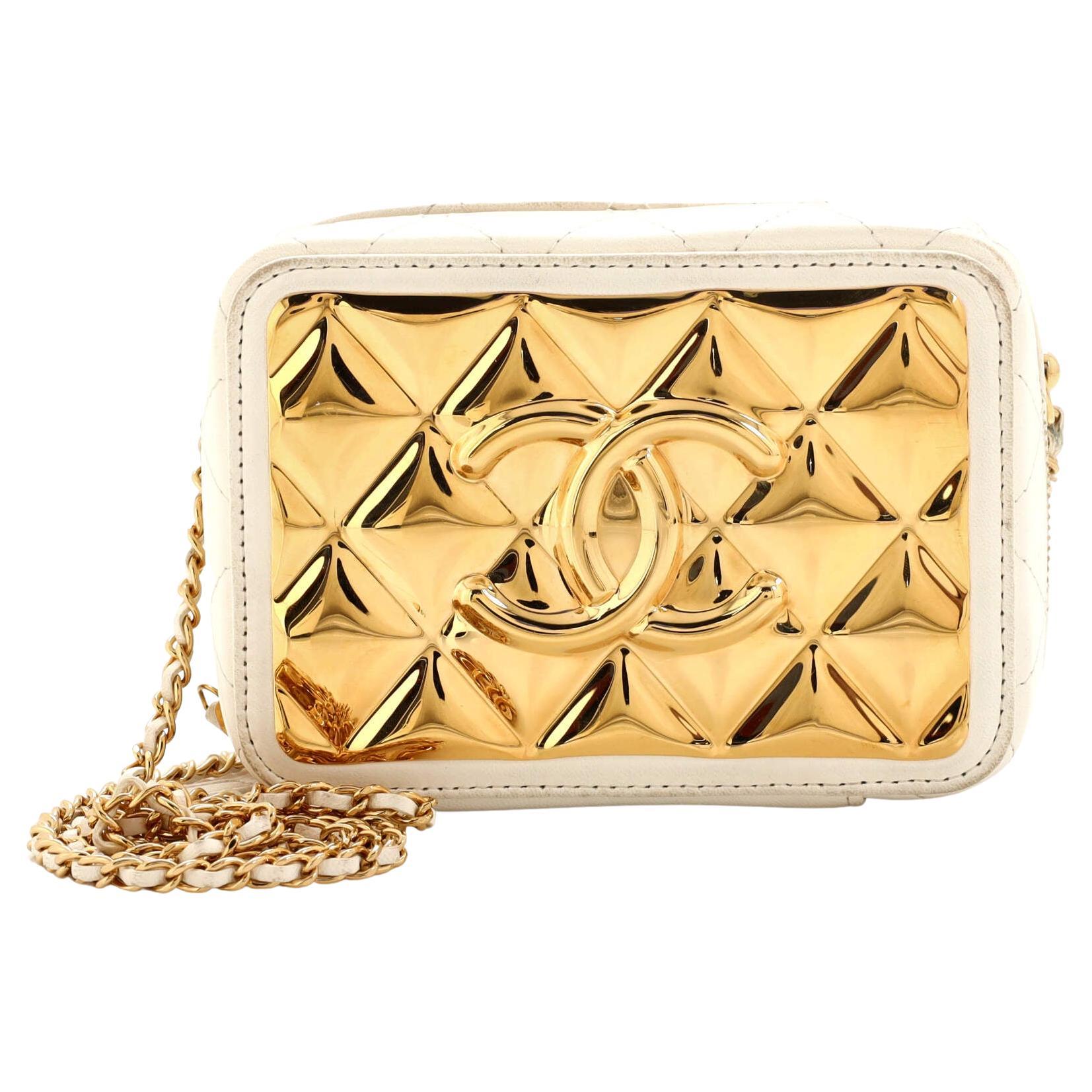 Chanel Golden Plate Zip Around Vanity Case with Chain Quilted Metal and ...