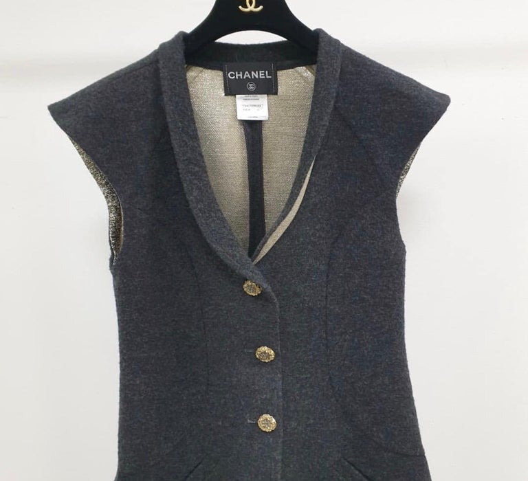 Chanel Gray Gold Sleeveless Vest Overcoat Dress For Sale at 1stDibs