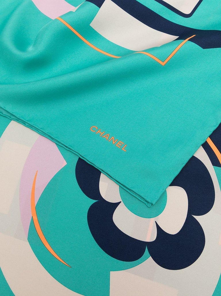 Chanel Green Geometric Logo Silk Scarf at 1stDibs