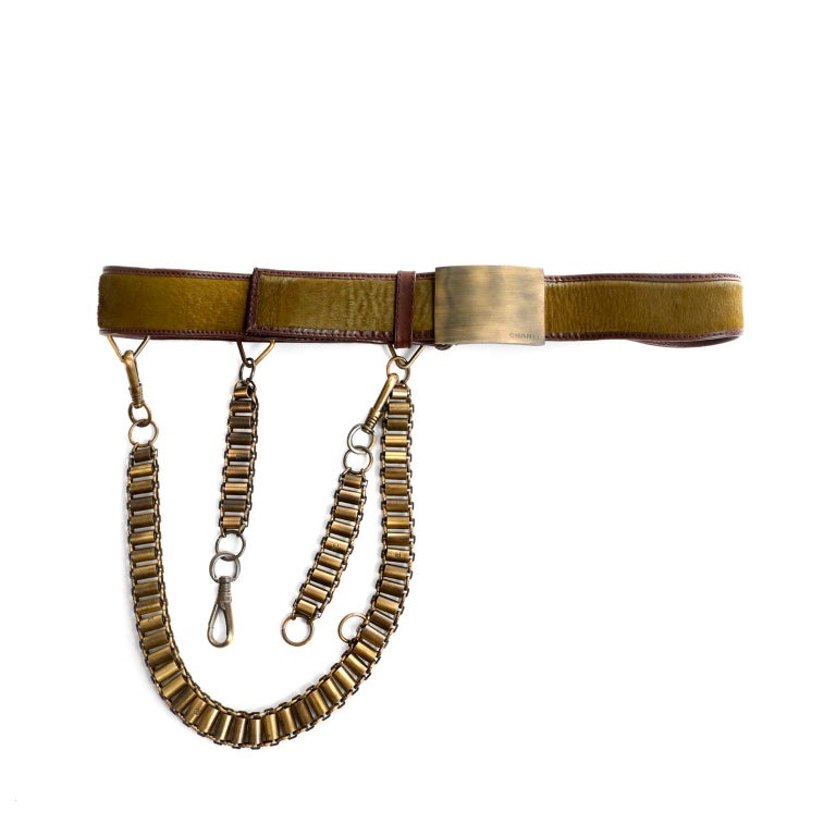 Chanel Green Pony Hair and Draped Chains Runway Belt For Sale at 1stDibs