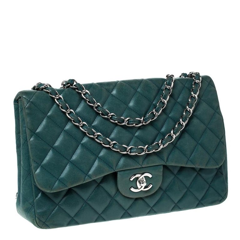 Chanel Green Quilted Leather Jumbo Classic Single Flap Bag For Sale at ...