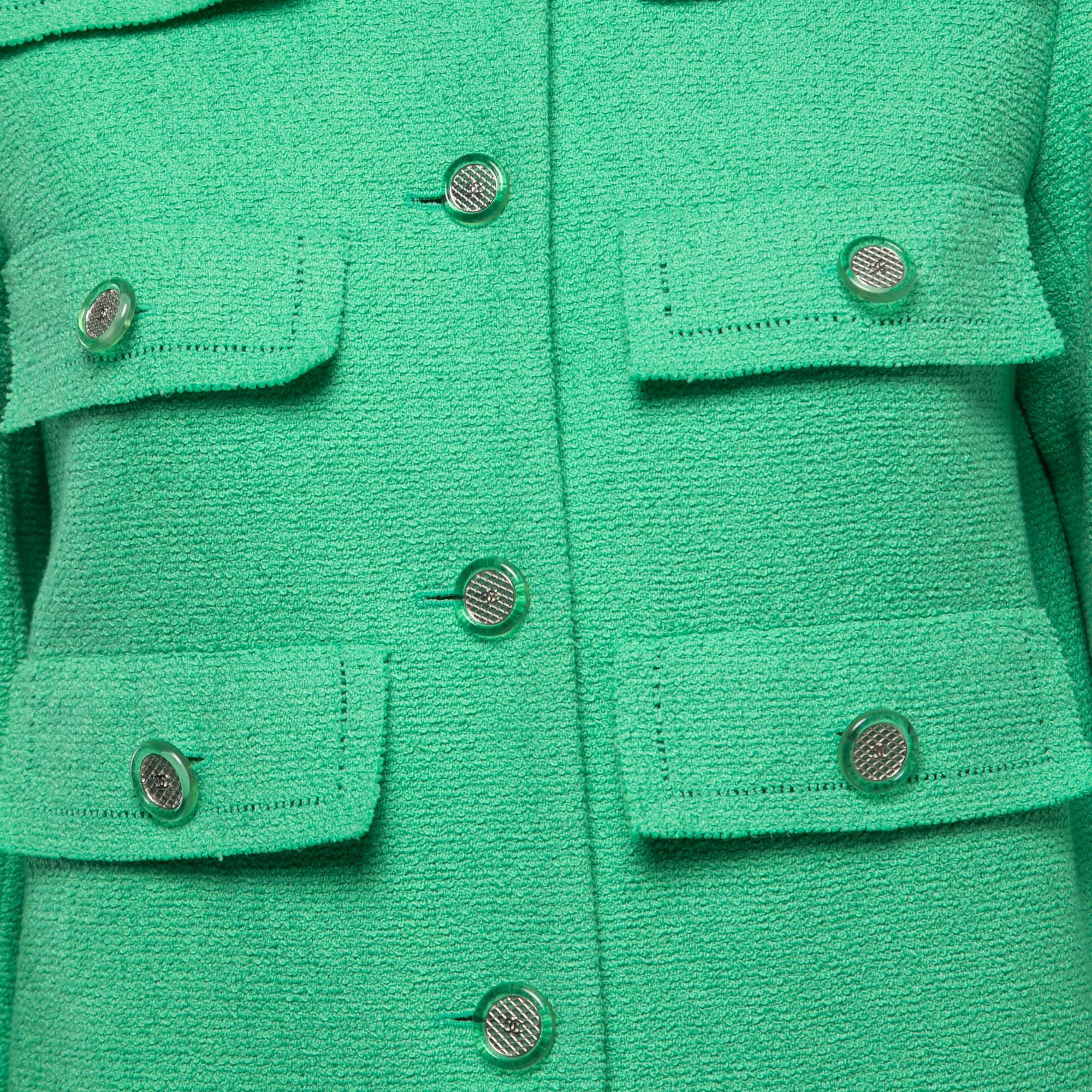 Chanel Green Tweed Buttoned Multi Pockets Icon Jacket M For Sale at 1stDibs