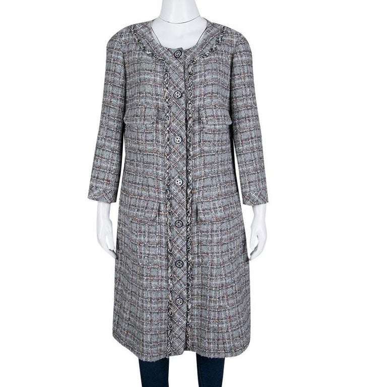 Chanel Grey Checkered Tweed Chain Embellished Buttoned Dress Coat XL ...
